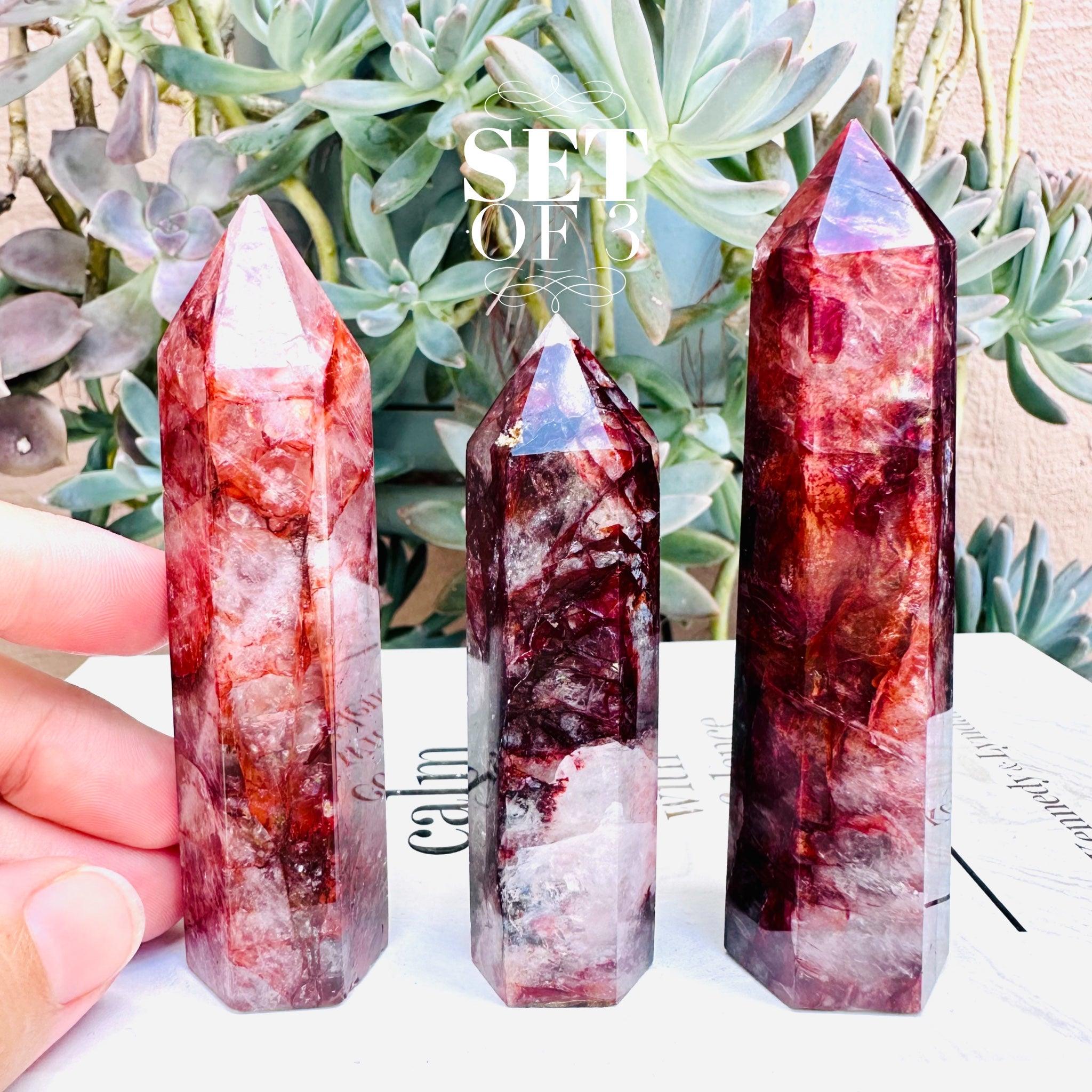 SET OF 3 - AAA+ Grade Fire Quartz Crystal Points with Rainbow Flashes ...